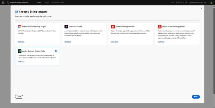 Screenshot of selecting the Adobe Connect card while creating a new listing